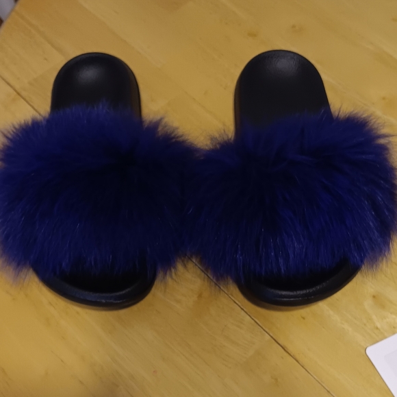 Shoes | New Royal Blue Faux Fur Slides | Poshmark